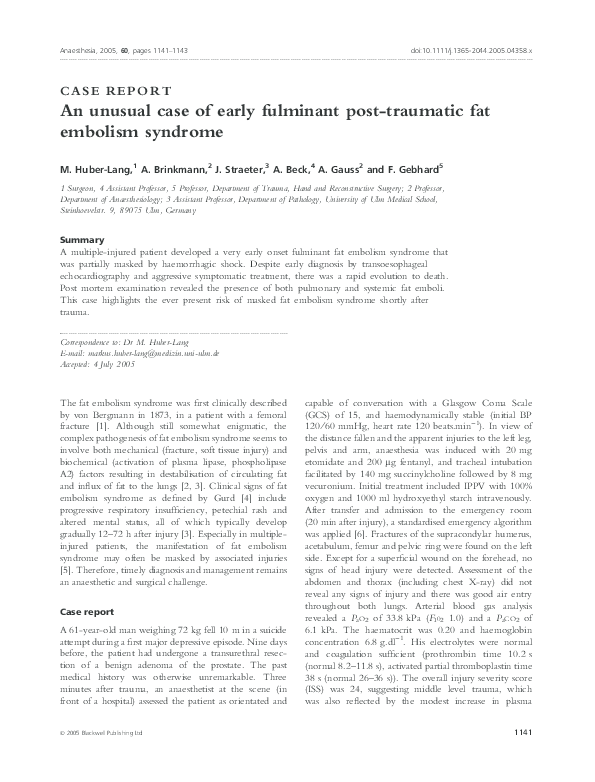 (PDF) An unusual case of early fulminant post-traumatic fat embolism ...