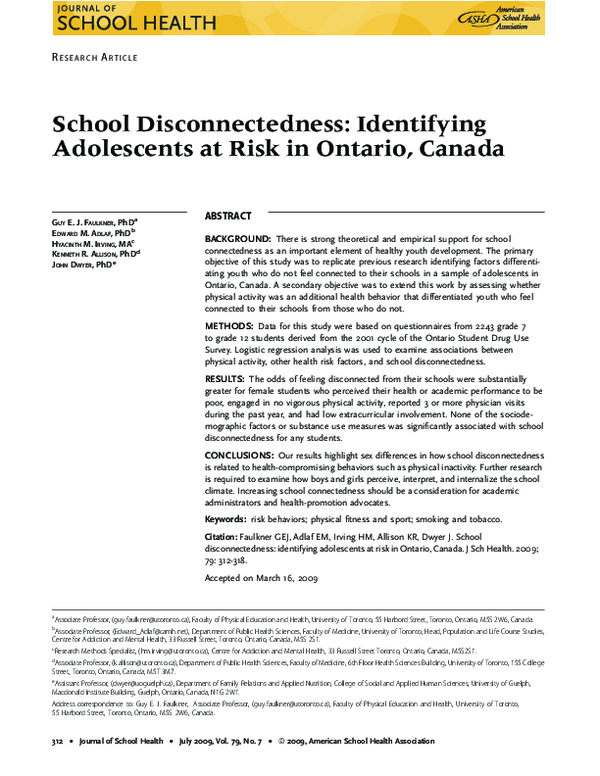 (PDF) School Disconnectedness: Identifying Adolescents at Risk in ...