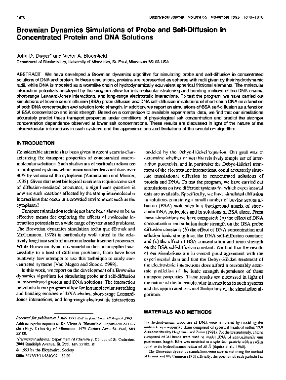 (PDF) Brownian Dynamics of Diffusion in Protein/DNA Solutions