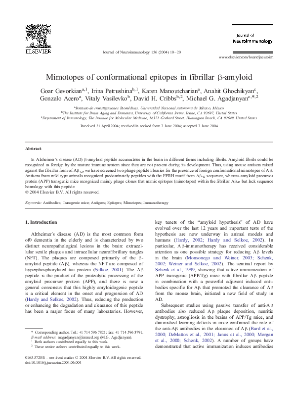(PDF) Mimotopes of conformational epitopes in fibrillar β-amyloid