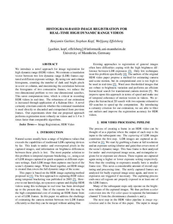 (PDF) Histogram-based image registration for real-time high dynamic range videos