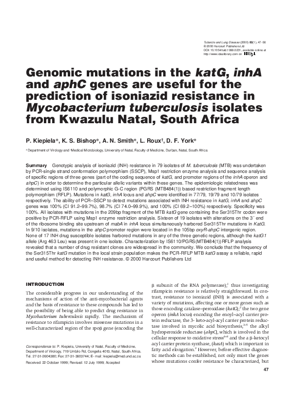(PDF) Genomic mutations in the katG, inhA and aphC genes are useful for ...