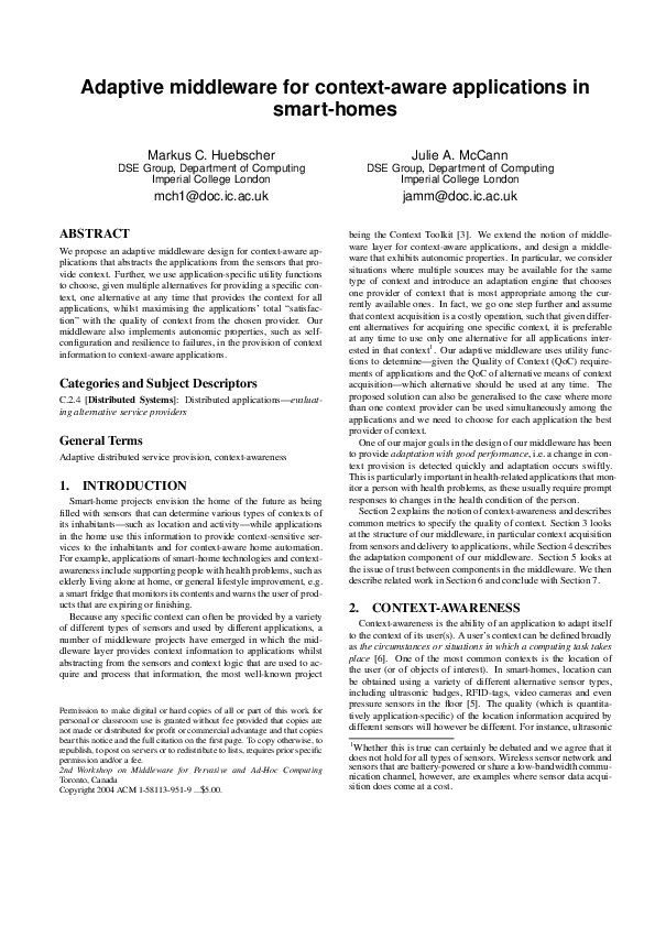 (PDF) Adaptive middleware for context-aware applications in smart-homes