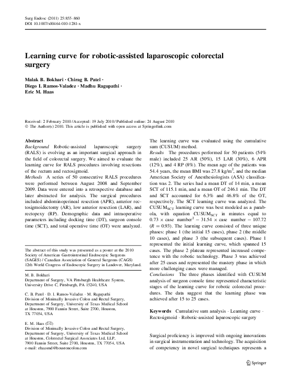 (PDF) Learning curve for robotic-assisted laparoscopic rectal cancer surgery