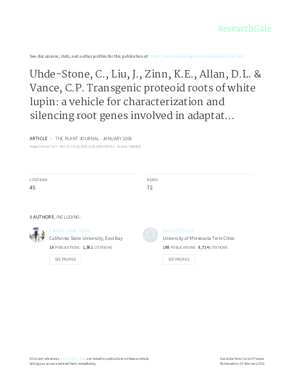 (PDF) Transgenic proteoid roots of white lupin: a vehicle for ...