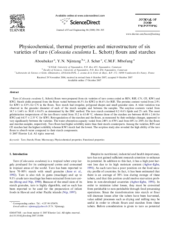 (PDF) Physicochemical, thermal properties and microstructure of six varieties of taro (Colocasia ...