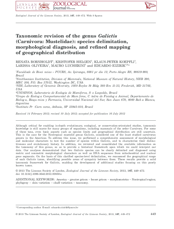 (PDF) Taxonomic revision of the genus Galictis (Carnivora: Mustelidae ...