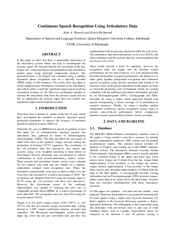 (PDF) Continuous speech recognition using articulatory data
