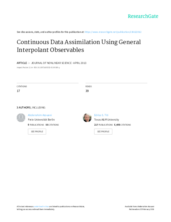 Pdf Continuous Data Assimilation Using General Interpolant Observables