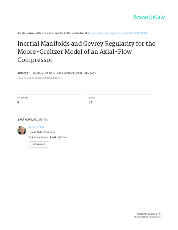 (PDF) Inertial Manifolds and Gevrey Regularity for the Moore-Greitzer ...