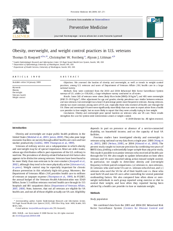 (PDF) Obesity, overweight, and weight control practices in U.S. veterans