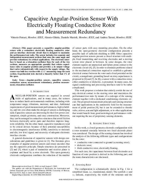 (PDF) Capacitive Angular-Position Sensor With Electrically Floating Conductive Rotor and ...