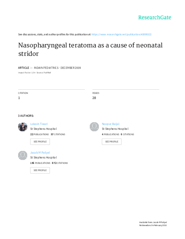 (PDF) Nasopharyngeal teratoma as a cause of neonatal stridor