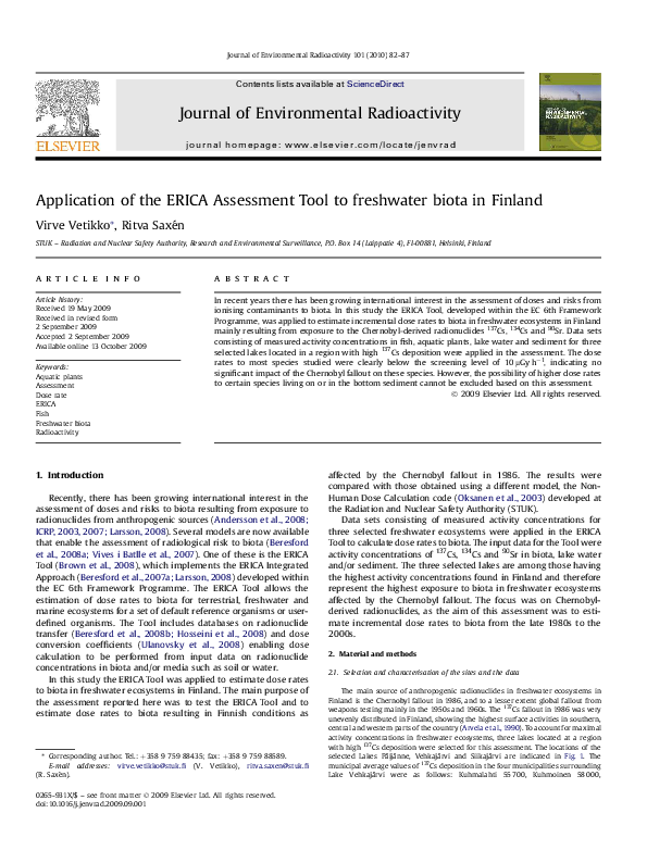 (PDF) Application of the ERICA Assessment Tool to freshwater biota in ...