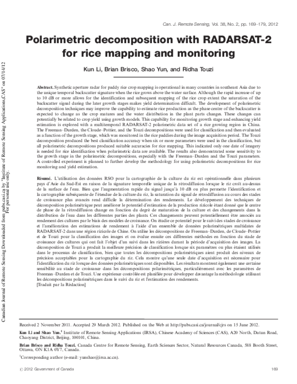 (PDF) Polarimetric decomposition with RADARSAT-2 for rice mapping and monitoring