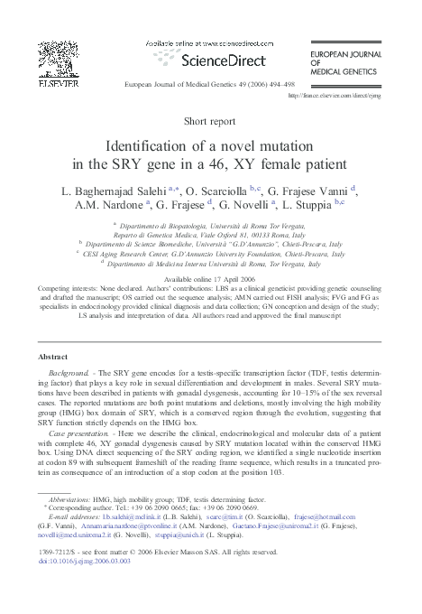 (PDF) Identification of a novel mutation in the SRY gene in a 46, XY ...