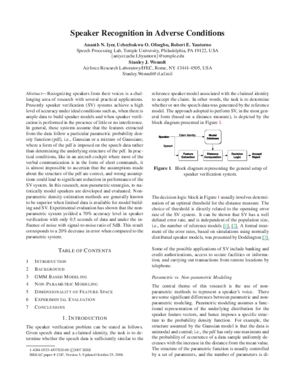 Pdf Speaker Recognition In Adverse Conditions