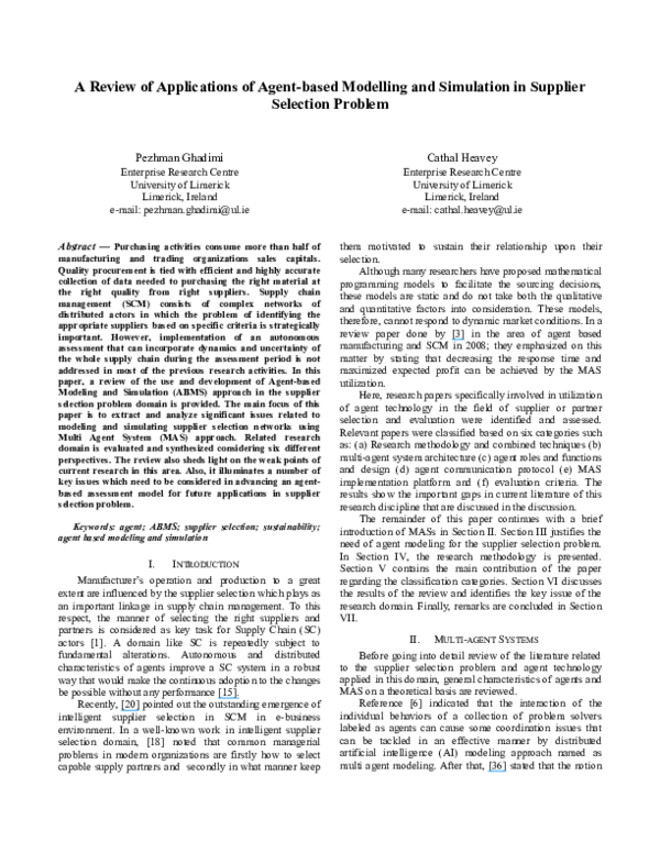 Pdf A Review Of Applications Of Agent Based Modelling And Simulation In Supplier Selection Problem