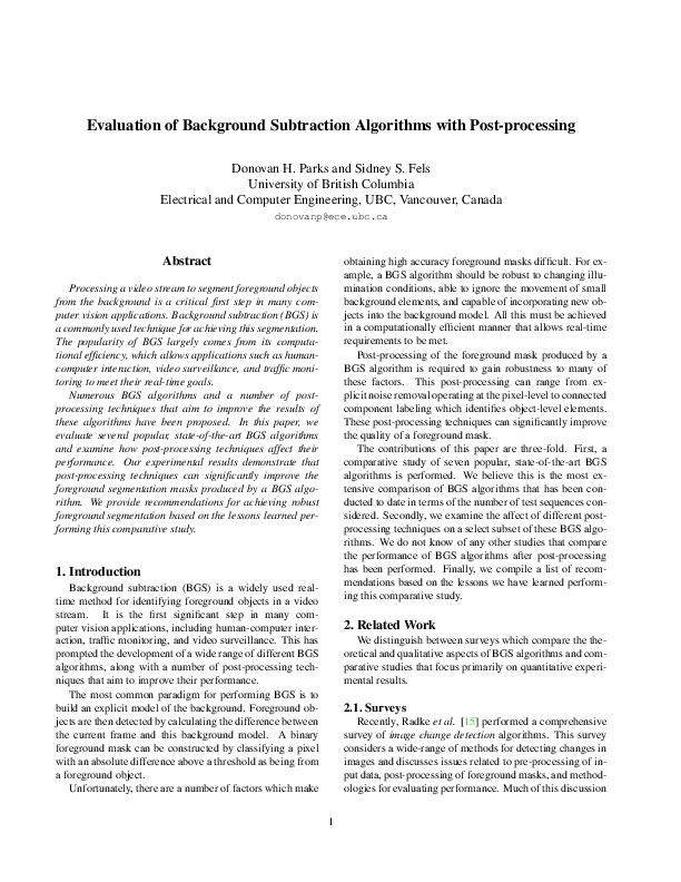 Pdf Evaluation Of Background Subtraction Algorithms With Post Processing Donovan Parks 5848