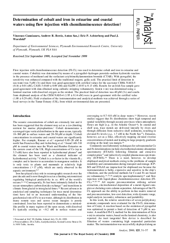 Pdf Determination Of Cobalt And Iron In Estuarine And Coastal Waters Using Flow Injection With