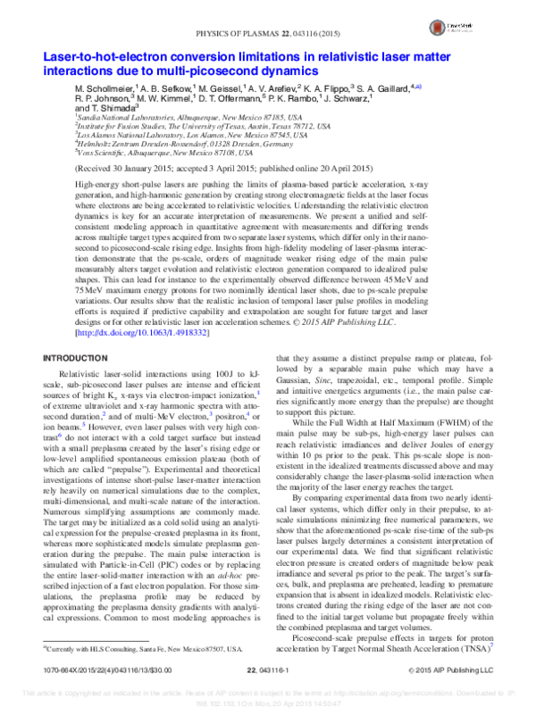 (PDF) Laser-to-hot-electron conversion limitations in relativistic laser matter interactions due ...