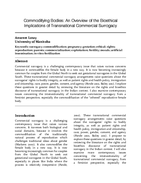(PDF) Commodifying Bodies: An Overview of the Bioethical Implications of Transnational ...