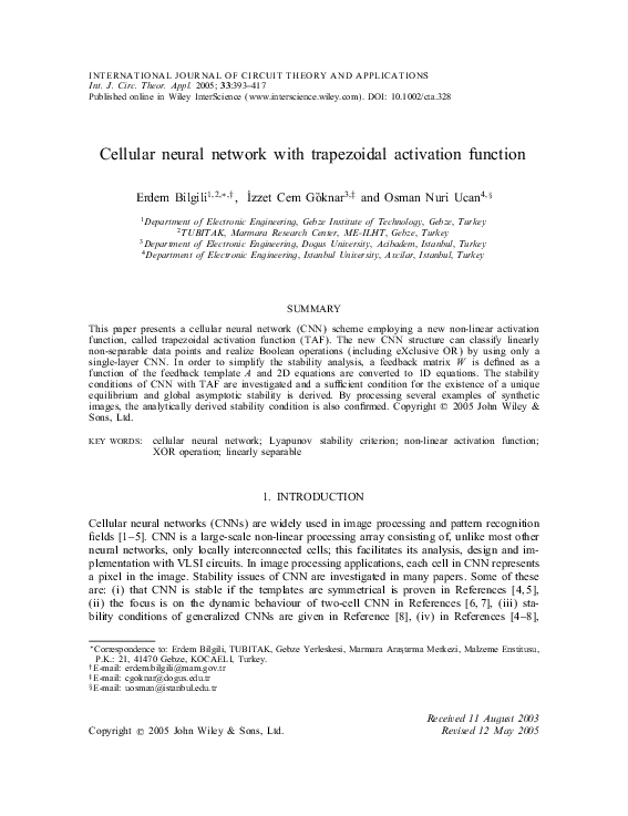 (PDF) Cellular neural network with trapezoidal activation function
