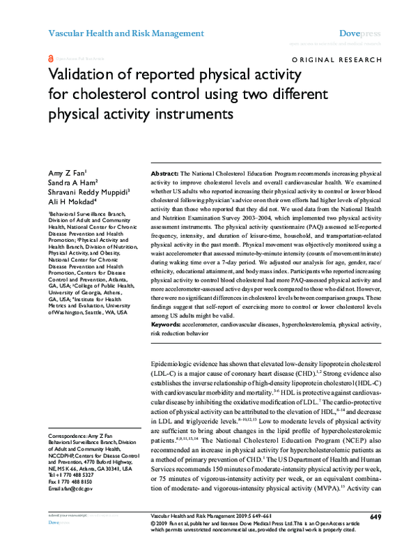 (PDF) Validation of reported physical activity for cholesterol control ...