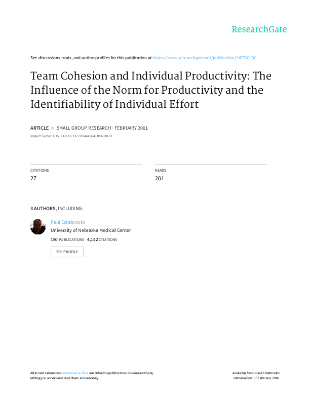 (PDF) Team Cohesion and Individual Productivity: The Influence of the ...