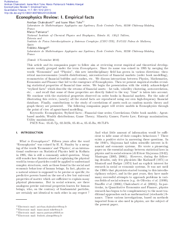 (PDF) Econophysics review: I. Empirical facts
