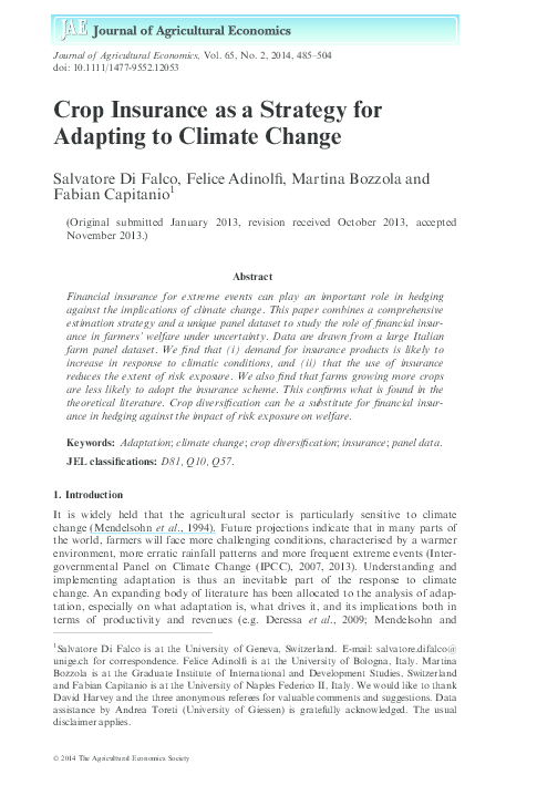 (PDF) Crop Insurance as a Strategy for Adapting to Climate Change