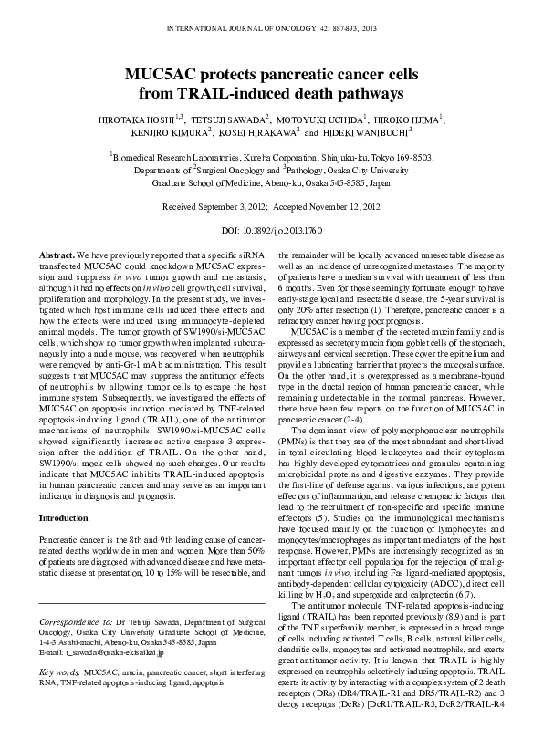 (PDF) MUC5AC protects pancreatic cancer cells from TRAIL-induced death ...