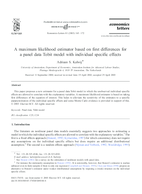 Pdf A Maximum Likelihood Estimator Based On First Differences For A