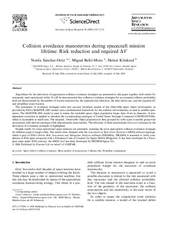 (PDF) Collision avoidance manoeuvres during spacecraft mission lifetime: Risk reduction and ...