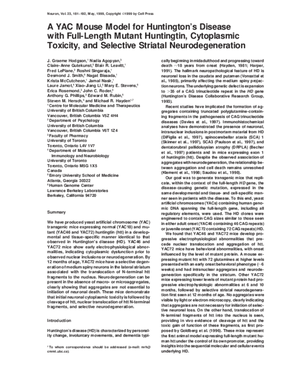 (PDF) A YAC Mouse Model for Huntington’s Disease with Full-Length ...