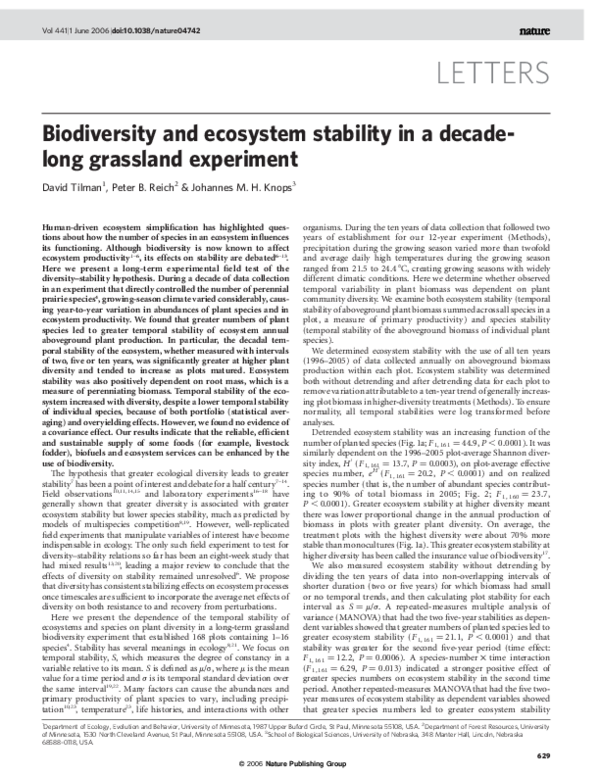 (PDF) Biodiversity and ecosystem stability in a decade-long grassland ...