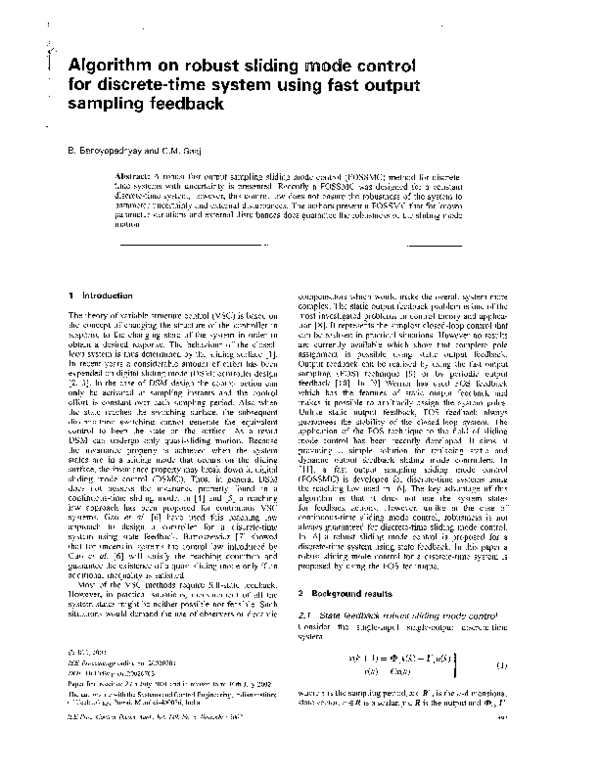 Pdf Algorithm On Robust Sliding Mode Control For Discrete Time System Using Fast Output 2608