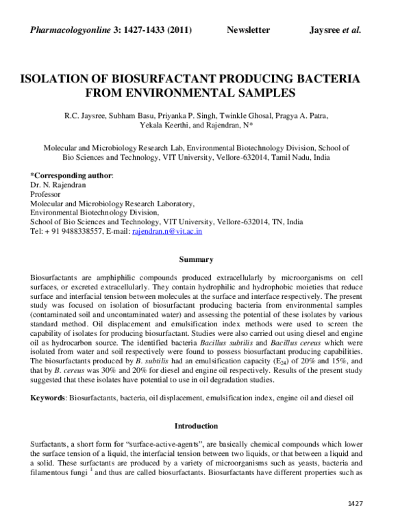 (PDF) Isolation of biosurfactant-producing bacteria, product characterization, and evaluation