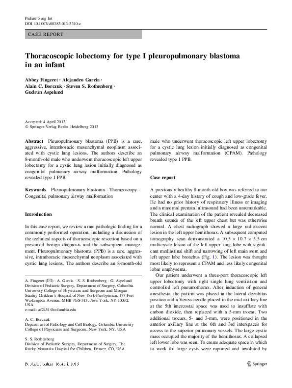 (PDF) Thoracoscopic lobectomy for type I pleuropulmonary blastoma in an ...