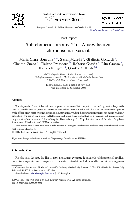 (PDF) Subtelomeric trisomy 21q: A new benign chromosomal variant