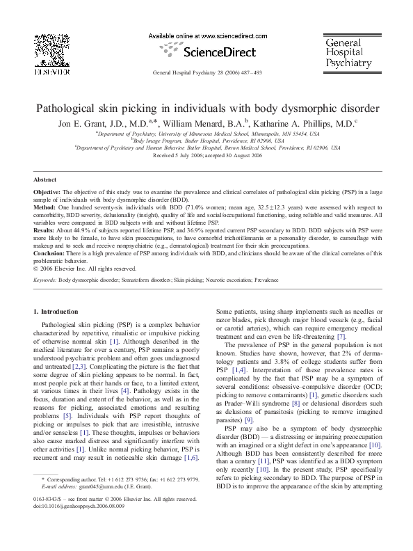 (PDF) Pathological skin picking in individuals with body dysmorphic ...