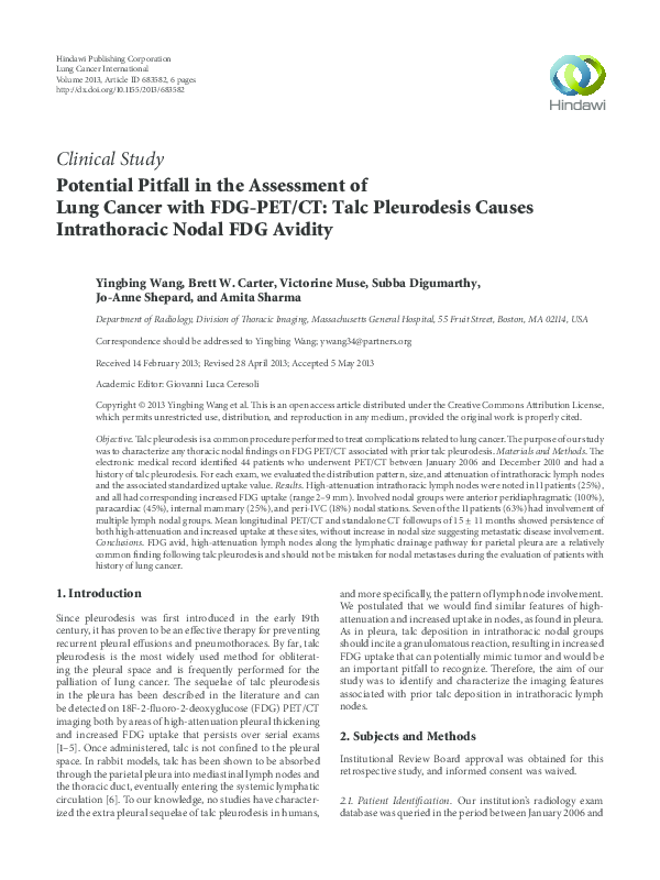 (PDF) Potential Pitfall in the Assessment of Lung Cancer with FDG-PET ...