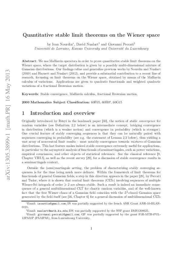 (PDF) Quantitative stable limit theorems on the Wiener space | Ivan ...