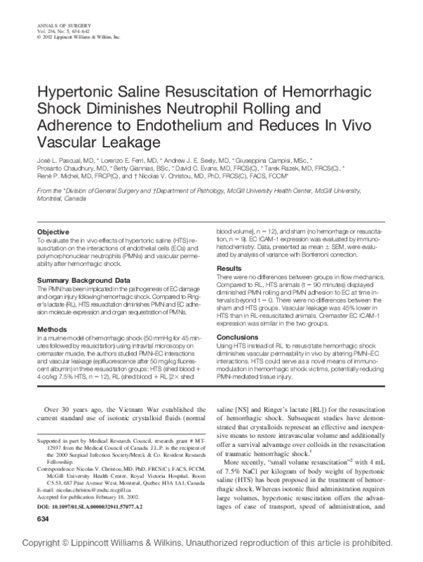 (PDF) Hypertonic Saline Resuscitation of Hemorrhagic Shock Diminishes Neutrophil Rolling and ...
