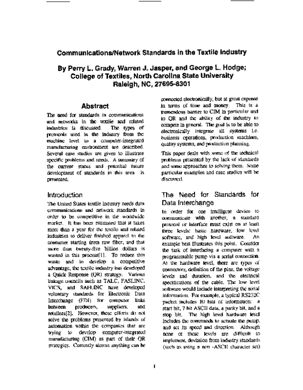 (PDF) Communications/network standards in the textile industry