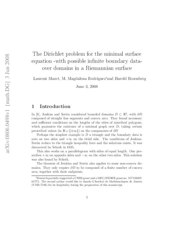 (PDF) The Dirichlet problem for the minimal surface equation, with possible infinite boundary ...