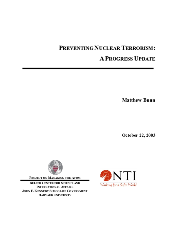 (PDF) Preventing Nuclear Terrorism: A Progress Update