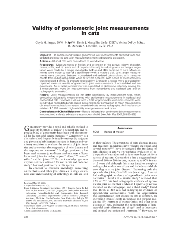 Pdf Validity Of Goniometric Joint Measurements In Cats Denis