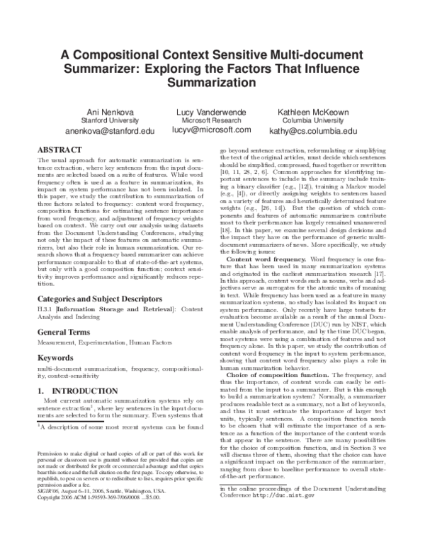 Pdf A Compositional Context Sensitive Multi Document Summarizer Ani Nenkova