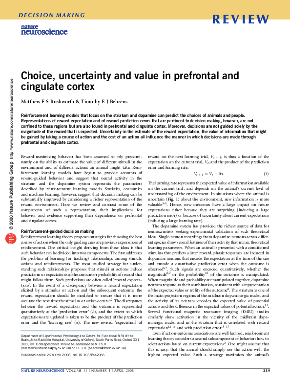 (PDF) Choice, uncertainty and value in prefrontal and cingulate cortex